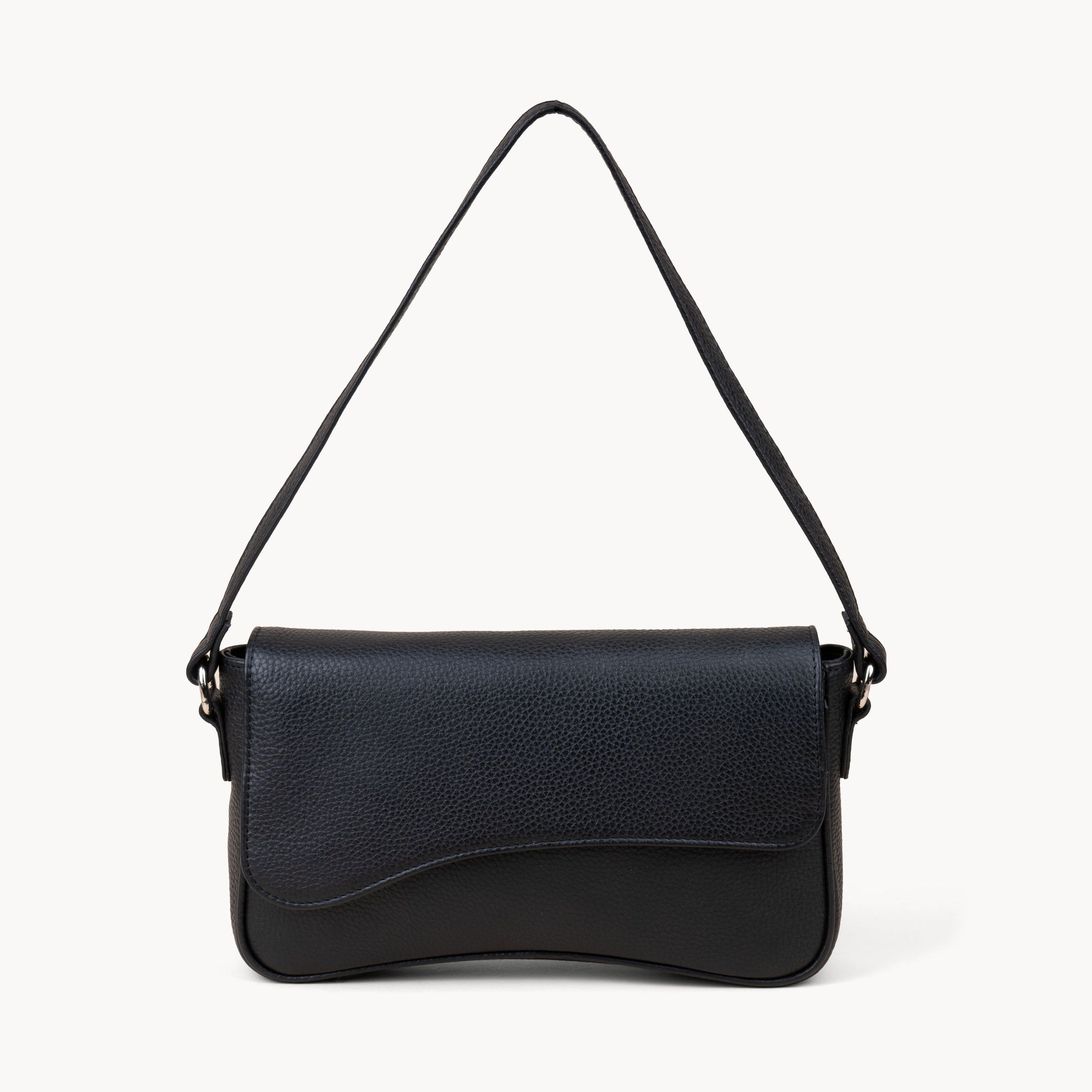 'BEVERLY' Black Pebble Grain Real Leather Flapover Shoulder Bag for Women