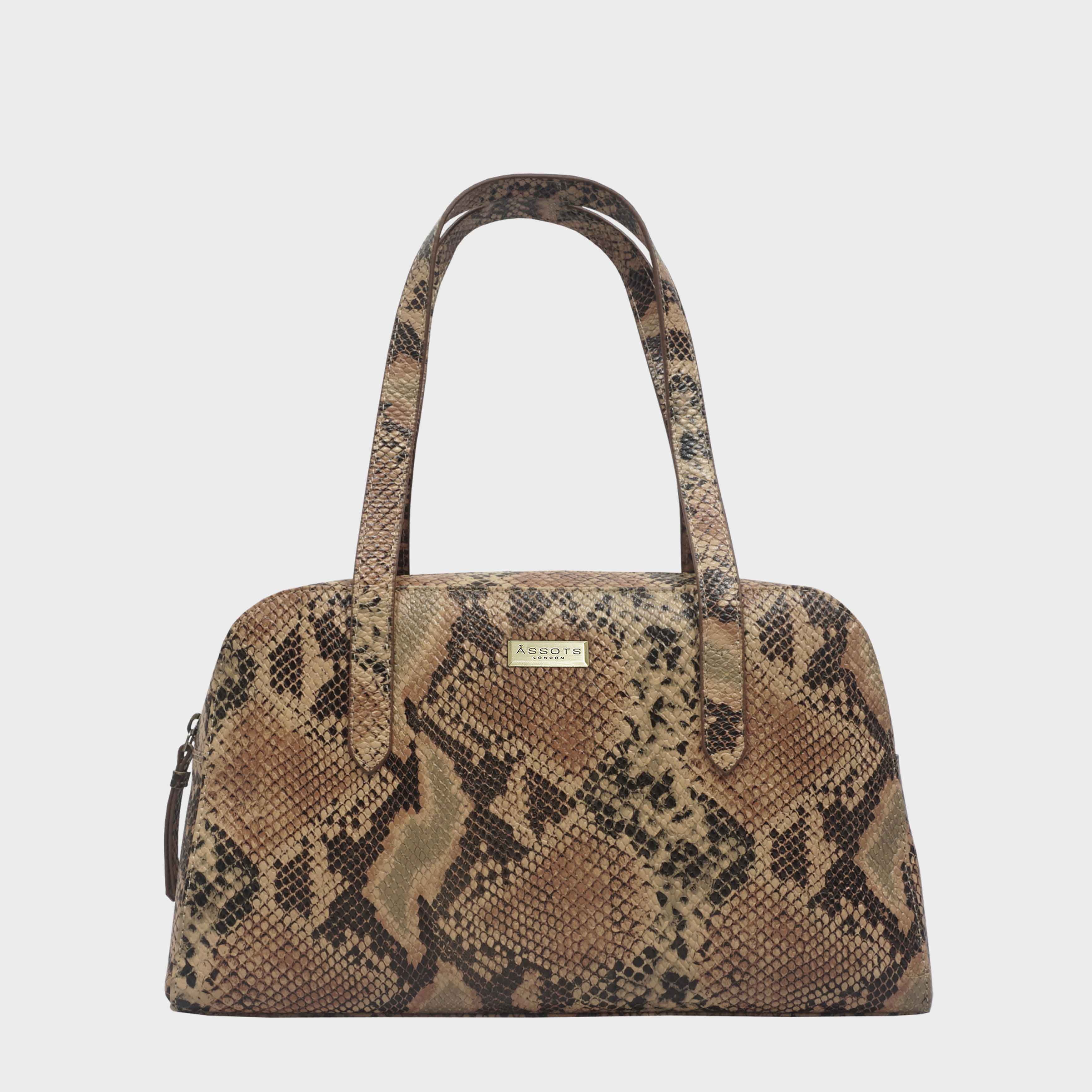 'ELEANOR' Tan Snake Print Real Leather Shoulder Grab Top Handle Bag ...